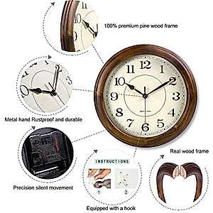 Kesin Wall Clock Wood 14 Inch Silent Wall Clock Large Decorative Battery Operated Non Ticking Analog Retro Clock for Living Room, Kitchen, Bedroom