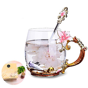 Tea Cup, Mother's Day Gifts, Gifts Coffee Mug Cups, Lily Flower Glass Tea Cup, Unique Personalized Birthday Present Ideas for Women Grandma Mom Teachers Hot Beverages 12OZ Pink