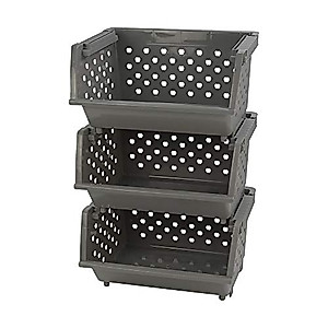 Callyne Gray Plastic Stacking Organizer Basket, Stackable Storage Basket, Set of 3
