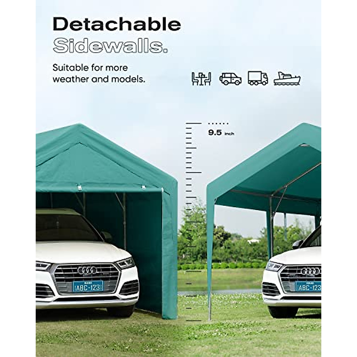 FINFREE 10 x 20 ft Heavy Duty Carport with Removable Sidewalls and Doors，Car Cnopy with 4 sandbags, Garage Shelter for Outdoor Party, Birthday, Garden, Boat, Green
