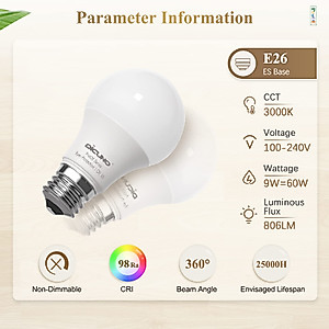 DiCUNO ProOE A19 LED Bulbs 60W Equivalent, 3000K Warm White, 806 Lumens 9W LED Light Bulb, High CRI 98, Non-dimmable, 100-240V, E26 Medium Base, Frosted, Pack of 6