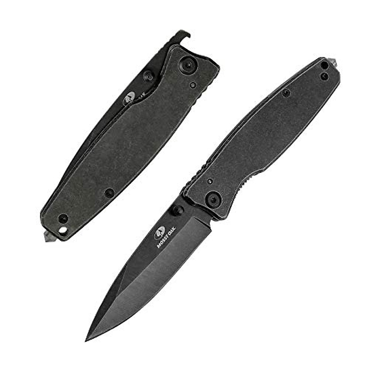 Mossy Oak Folding Pocket Knife - 7 inch EDC Stainless Steel Drop Point Blade Knife - Multi-Functional Tool with Bottle Opener - Liner Lock Handle (Black Stone Wash)
