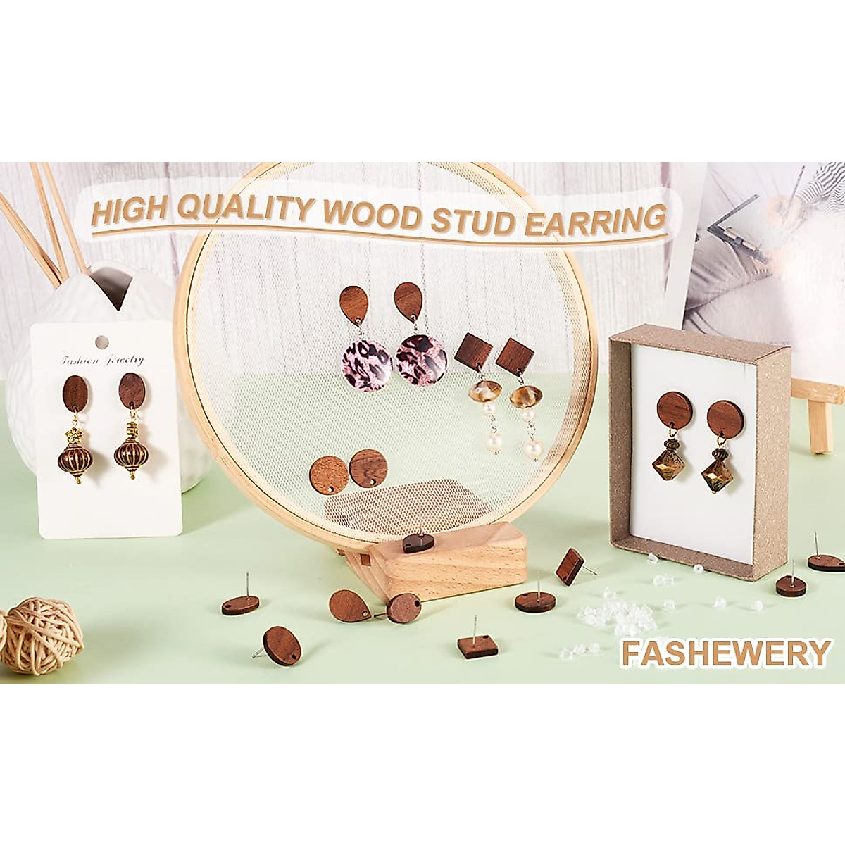 FASHEWELRY 16Pcs Wood Stud Earring Posts with Loop Teardrop Rhombus Oval Flat Round Wood Stud Earring with Ear Nuts for DIY Wooden Earrings Making (CoconutBrown)