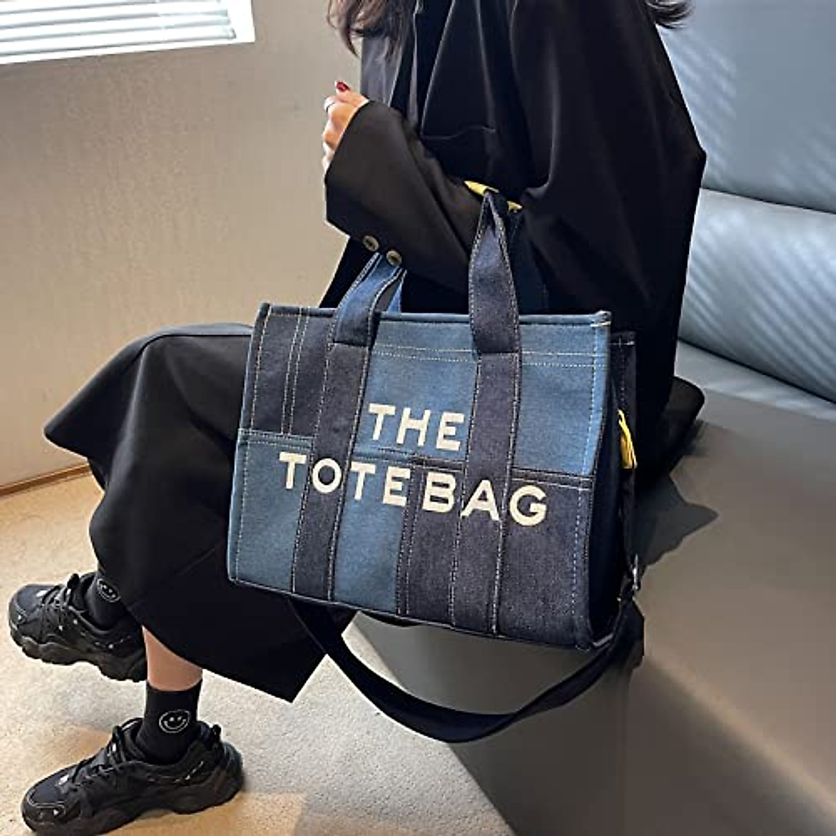 Denim Tote Bags for Women Handbag Tote Purse with Zipper Denim Crossbody Bag for Office, Travel, School