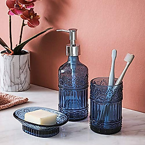 WHOLE HOUSEWARES | Premium Bathroom Accessory Set | 4-Piece Decorative Blue Glass Bathroom Decor Accessories Set | Soap Dispenser, Tray, Jar, Toothbrush Holder | Elegant Mosaic Glass (Blue)