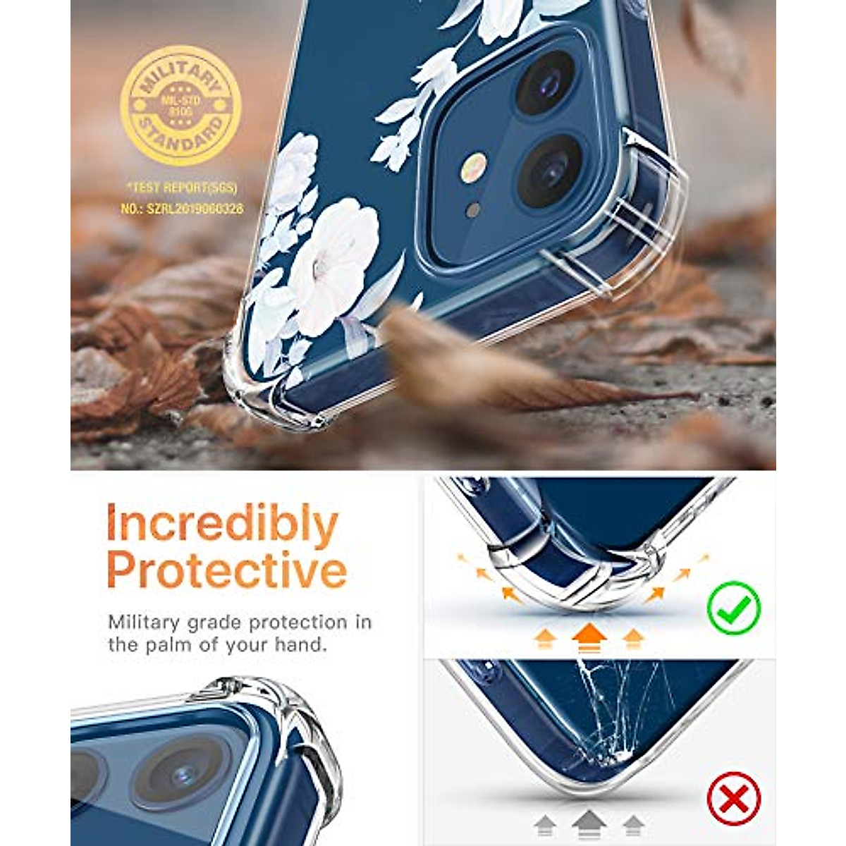 GVIEWIN for iPhone 12 Case and iPhone 12 Pro Case, Clear Floral Flexible Soft TPU Shockproof Women Girls Flower Pattern Phone Case, 6.1" 2020(Hibiscus)