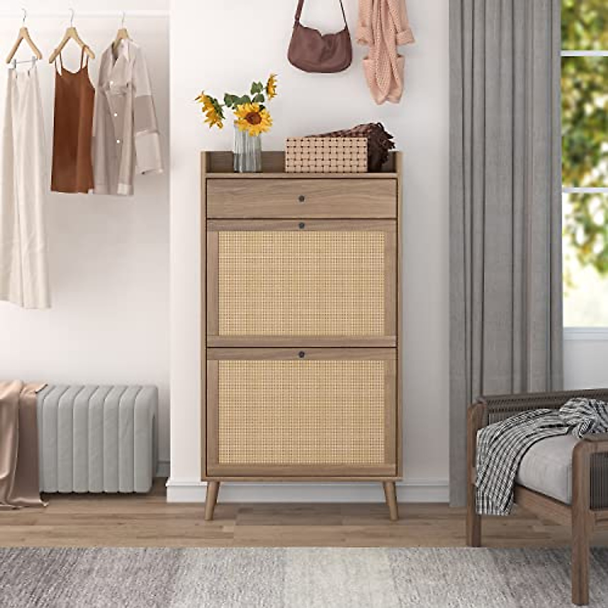 Goujxcy Natural Rattan Shoe Cabinet with 2 Flip Drawers, Farmhouse Shoe Storage Cabient for Heels, Boots, Slippers, Slim Wood Freestanding Shoe Rack Organizer for Entryway, Hallway, Bedroom,Walnut
