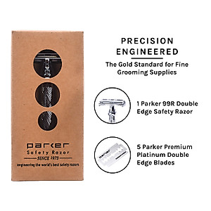 Parker 99R Chrome Long Handle Heavyweight Butterfly Open Double Edge Safety Razor for Men, 5 Parker Premium Platinum Double Edge Razor Blades Included