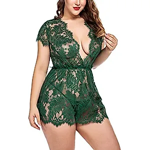 Avidlove Women Sexy Lingerie Eyelash Lace Babydoll Deep V Nightwear Mesh Sheer Chemise Dark Green