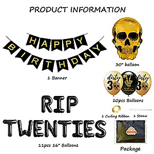 Geloar RIP TWENTIES 30th Birthday Party Supplies, RIP TWENTIES Balloons Happy Birthday Banner for Death to My Twenties 20s RIP Youth Men Women Dirty 30 Funny 30th Bday Decorations Set of 25 PCS