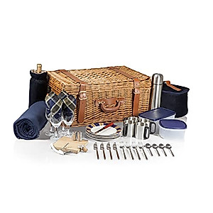 PICNIC TIME Windsor Luxury Wicker Picnic Basket, Deluxe Set for 4, Navy Blue