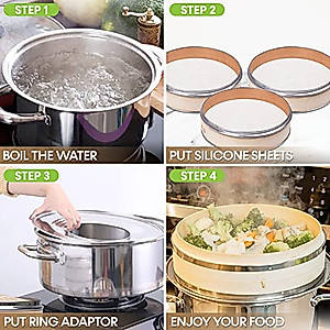 Bamboo Steamer 3 Tiered 9.5" Multifunction Dumpling Vegetable Bun Rice Baskets Steamers Stacking Basket for Efficient Food Steaming and Cooking with Stainless Steel Cook Ring and Silicone Sheet Liner