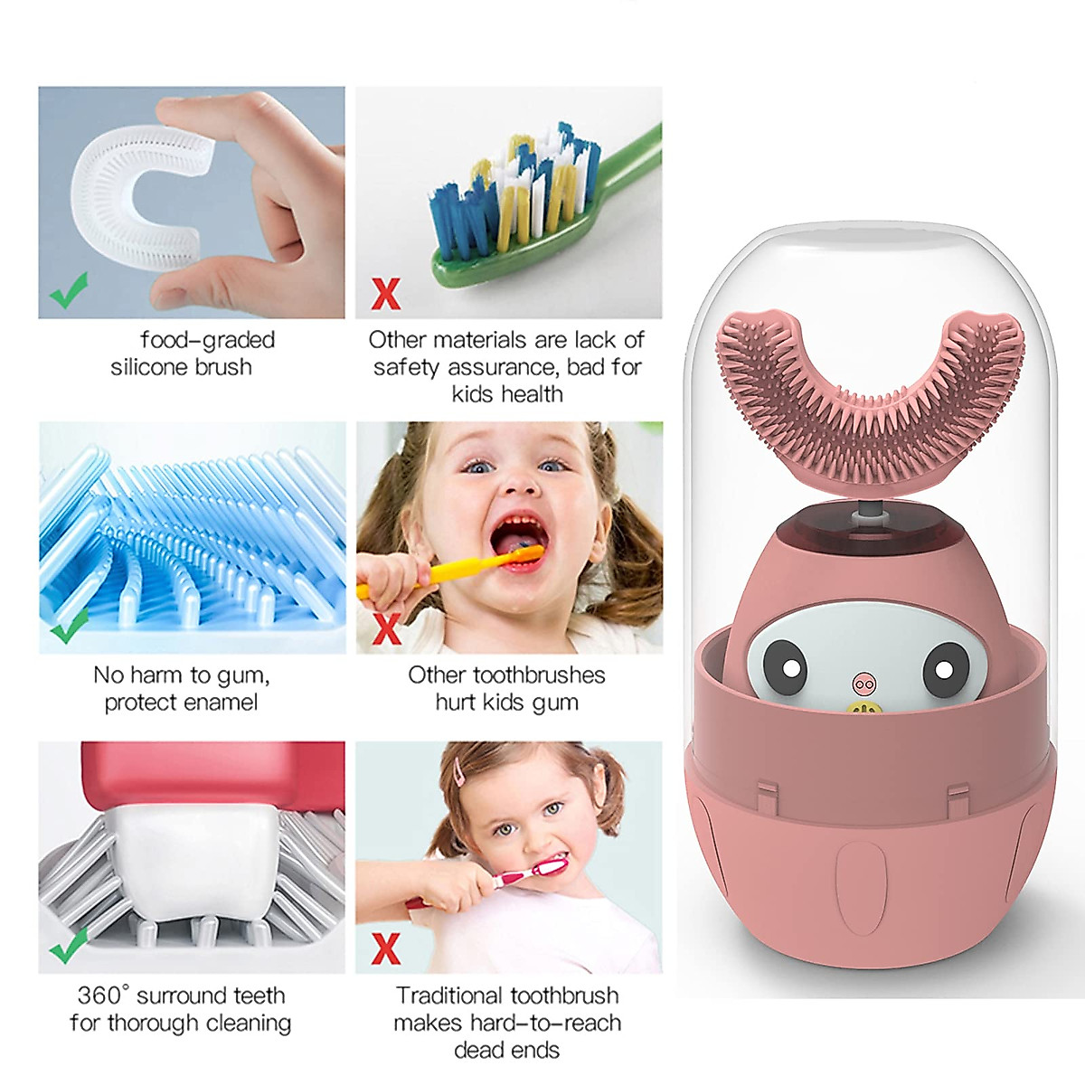 CATLION U Type Sonic Whole Mouth Toothbrush,Children's Ultrasonic Toothbrushes,Kids Electric Toothbrush,360 Whitening and Cleaning Teeth,Ipx8 Waterproof,4 Gear Mode,Pink,3-7years