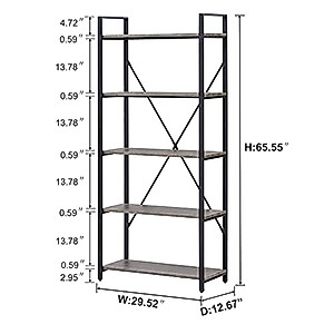 BON AUGURE Multi-Functional Coffee Bar Cabinet with Industrial 5 Tier Bookcase for Home Office (Dark Gray Oak)