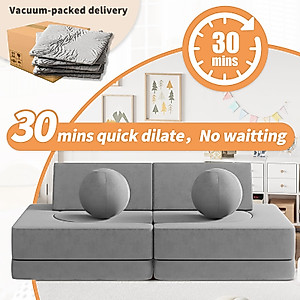 Neoriver Kids Couch, 10PCS Modular Kids Play Couch with 2 Balls and Tunnel, Fold Out Toddler Couch for Playroom Bedroom, Creative Kids Sectional Foam Sofa for Boys and Girls, Grey