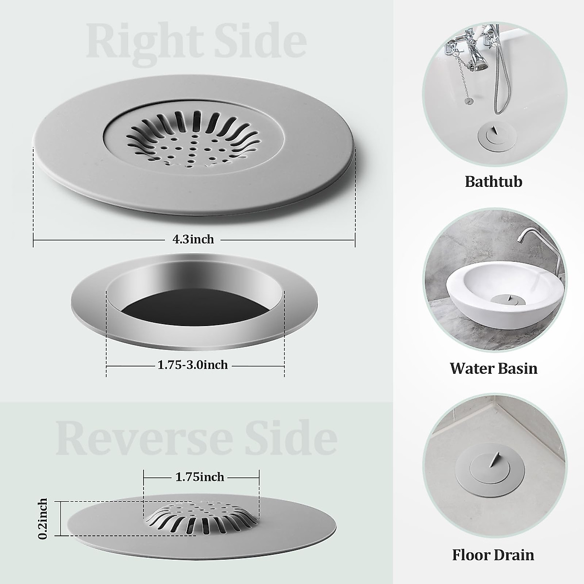 Shower Drain Stopper Hair Trap Hair Catcher Bathtub Drain,2-in-1 Strainers Protectors Cover for Floor,Laundry,Kitchen and Bathroom,Silicone,Fit for 1.75"-3.0" Drain Hole,3 Pack (BLACK)