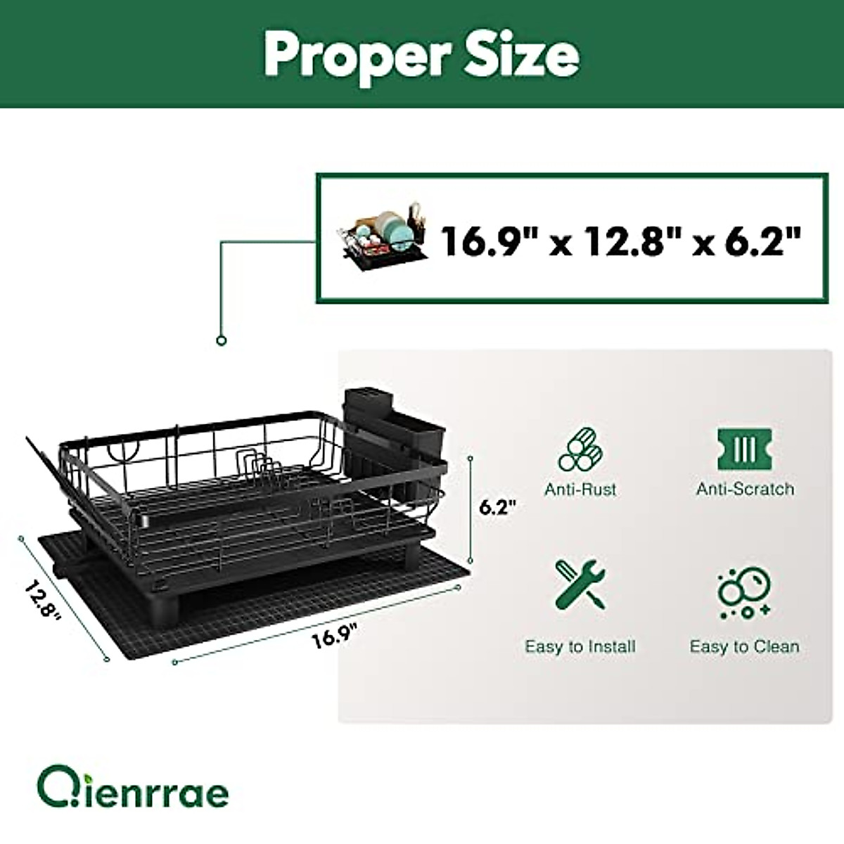 Qienrrae Dish Drying Rack with Drainboard Set, Stainless Steel Dish Drainers for Kitchen Counter, Dish Strainer with Utensil Holder, 360° Swivel Spout and Extra Dryer Mat, Black