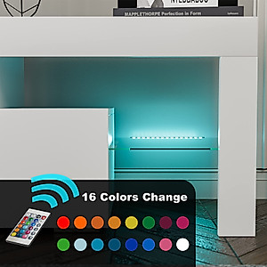 IKIFLY White Stand for 65+ inch TV, Modern LED TV Stand w/16 Colors&Remote Control Lights, High Glossy Cabinet w/Storage&2 Drawer, Entertainment Center for Living Room