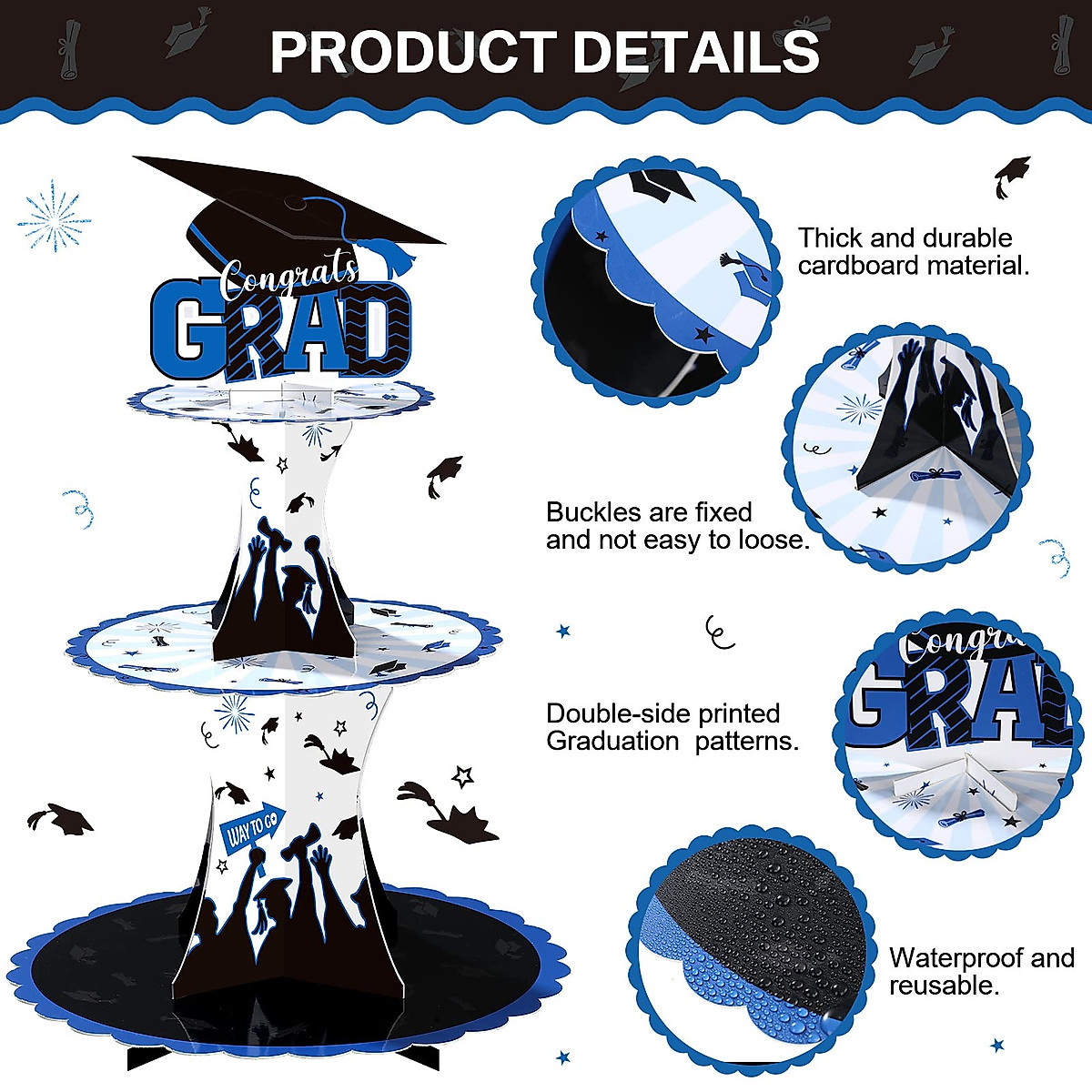 Graduation Cupcake Holder Decoration 3 Tier Congrats Grad Party Cupcake Stand Tower Cardboard Graduation Theme Dessert Stand for Graduation Party Supplies Favors (Blue and Black)