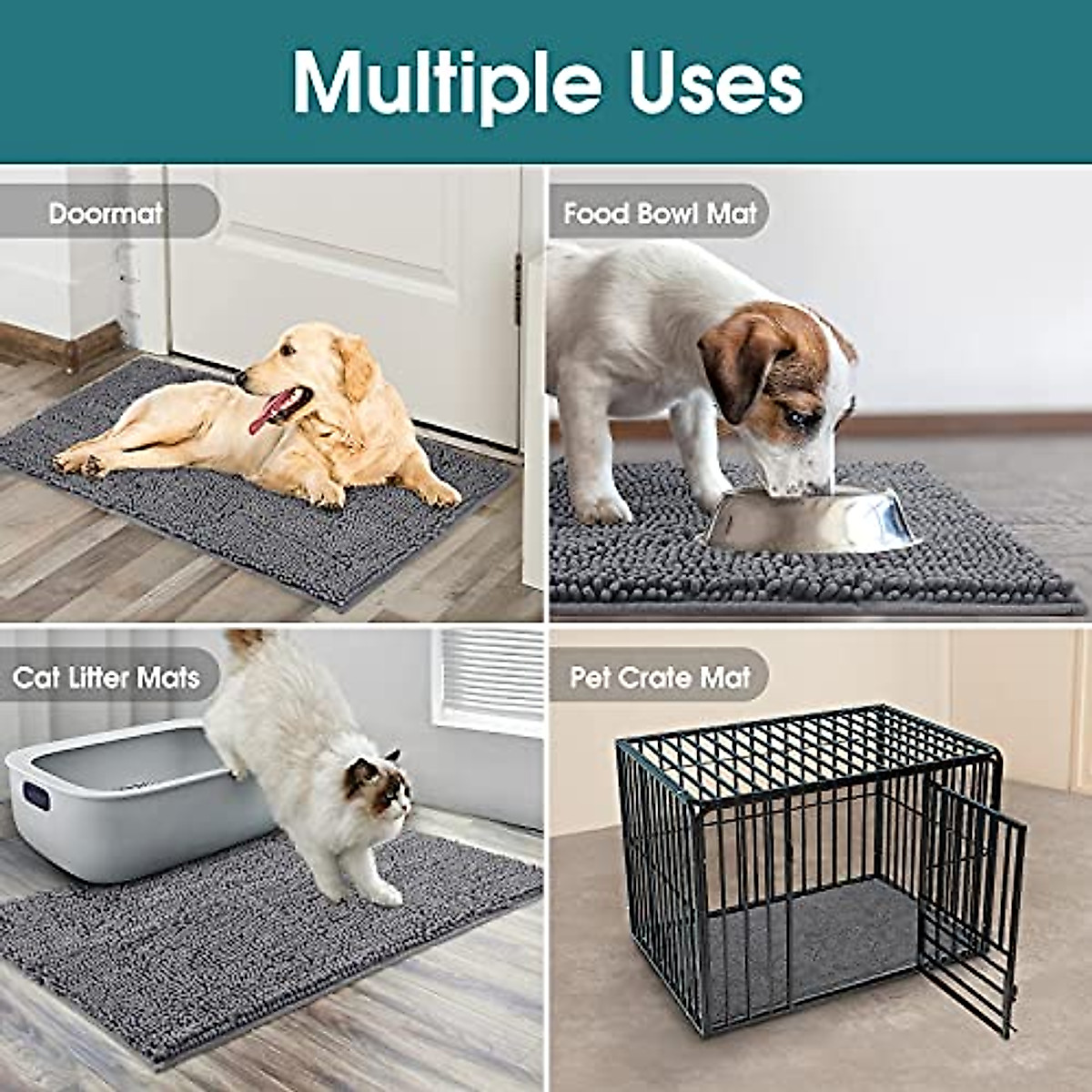 HOMEIDEAS Absorbent Dog Rug, Door Mat for Dog & Cat, Microfiber Chenille Dog Mat for Paws, Non Slip Indoor Door Rug, Pet Rug for Crate, Machine Washable Quick Drying Entry Rug, Grey, 24''x36''