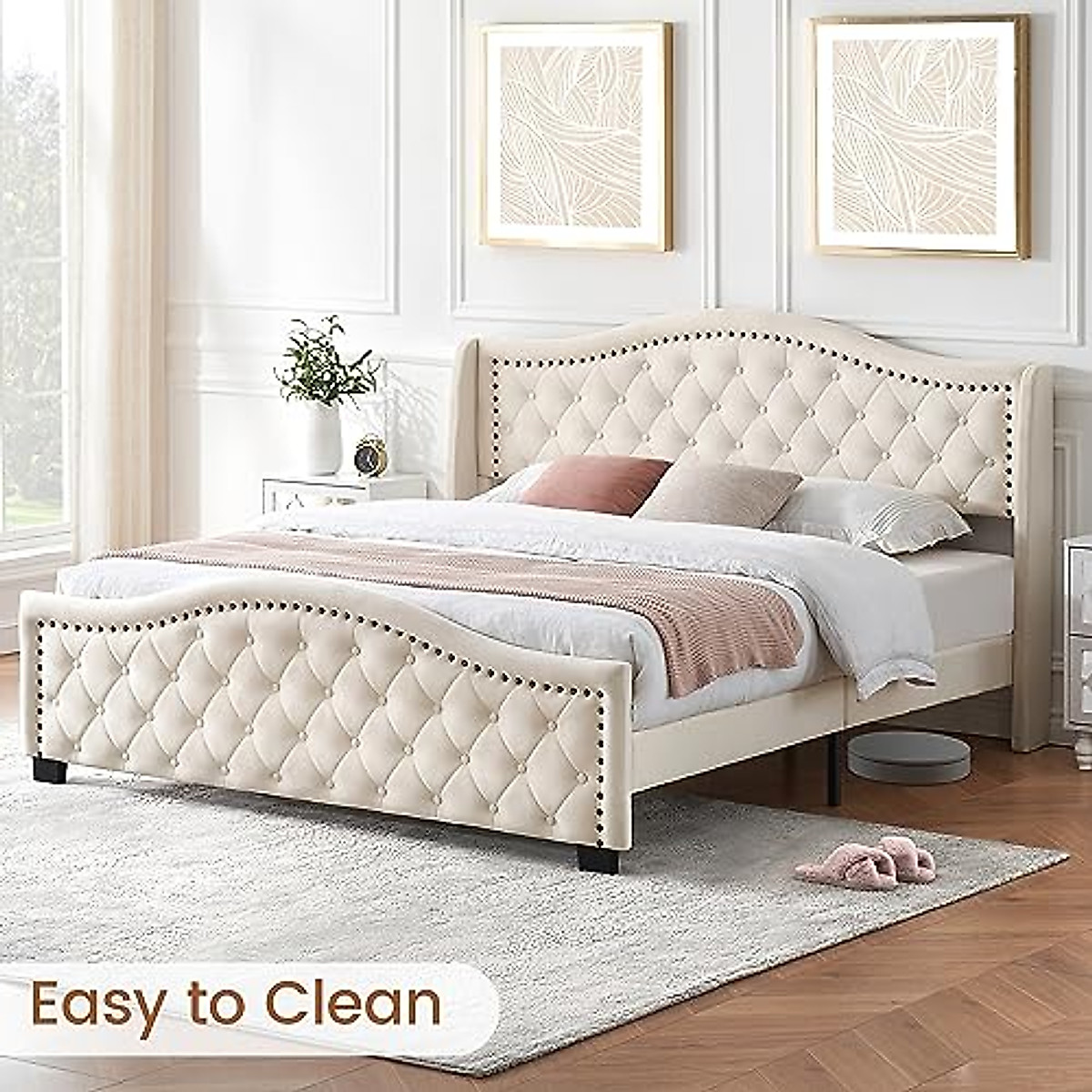 GAOMON King Size Upholstered Platform Bed Frame with Tall Headboard, Luxurious Velvet Button Tufted and Nailhead Trim Wingback, Arched Footboard, No Box Spring Needed, Beige