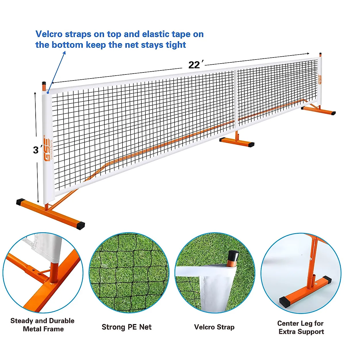 GSE Games & Sports Expert Portable Pickleball Net Set for Driveway with 22FT Regulation Size Net, 4 Paddles, 6 Outdoor Pickleballs, and Carrying Bag, Weather Resistant Metal Frame (Orange)