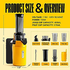 Ventray Essential Ginnie Juicer Compact Small Cold Press Juicer Masticating Slow Juicer with 60RPM Low Speed, Easy to Clean & Nutrient Dense, Eco-Friendly Packaging, Sunny Yellow