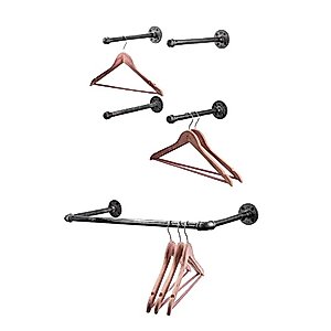 PIPE DECOR Wall-Mounted Clothing Rack Bundle, Dual Flange Rack with 4 Flange Garment Brackets, Authentic Black Steel Pipe and Malleable Iron Flanges