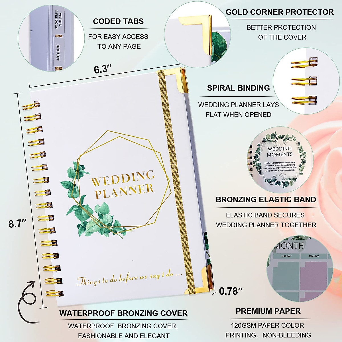 Wedding Planner&Organizer for Bride,Diamond Pen Set,A5 Undated Bridal Countdown Wedding Notebook Engagements Gift