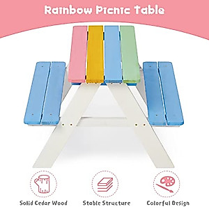 Mederra Rainbow Kids Picnic Table for Outdoor, Wooden Table & Chair Set, Kids Activity Sensory Table