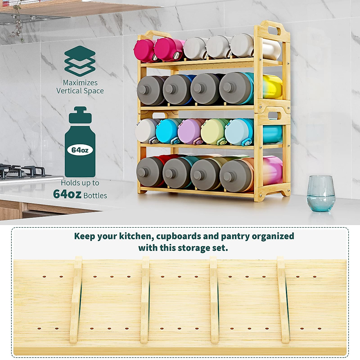 KOK KAY Water Bottle Organizer, Stackable Bamboo Water Bottle Holder, 20 Freestanding Wine Rack Storage - 4-Layer Adjustable Water Bottles Storage Organizer Rack