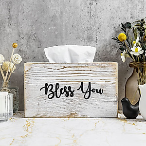 MyGift Rustic Whitewashed Solid Wood Tissue Box Holder Cover, Rectangular Tissue Holder with Easy Slide Out Bottom and Bless You Cursive Lettering