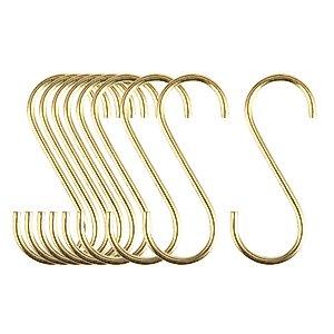 Mewuthede Brass S Hooks S-Shaped Hook, 10 Pcs Heavy Duty S Hooks for Hanging Kitchen Pots and Pans, Office, Bathroom, Closet, Outdoor, Widely Used