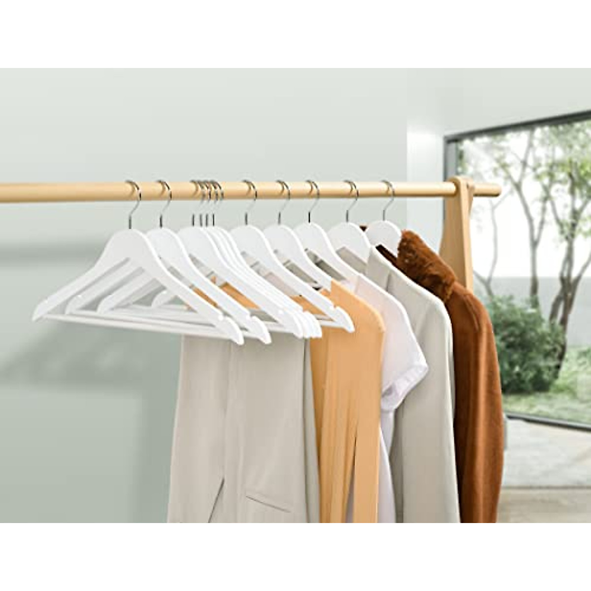 Amber Home Solid Wood Suit Coat Hangers 10 Pack, Smooth White Finish Wooden Dress Hangers with Non Slip Pant Bar, Clothes Hangers with 360 Swivel Hook & Notches for Jacket, Pant, Shirt (White, 10)