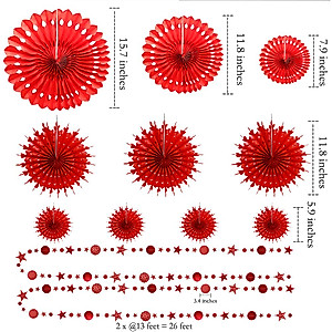 Red Party Decorations Chinese New Year Tissue Pompom Paper Fan Decor Birthday Party Garland Glitter Circle Dots Garland Steamer Banner Backdrop for Girls Wedding Valentines Day