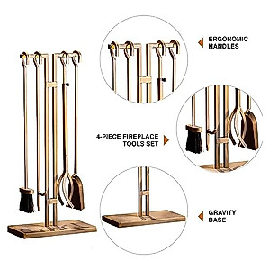 Fireplace Tools Set, 5 pcs Fireplace Accessories - Brass-Plated Poker, Shovel, Tongs & Brush. Easy-to-Assemble Fire Poker Set for Chimney with a Modern Design