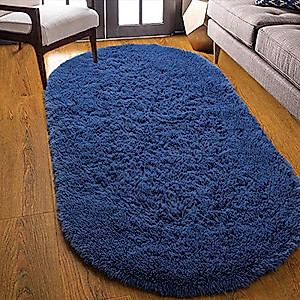 YOH Fluffy Shag Fur Area Rugs for Bedroom Girls Rooms Kids Rooms Nursery Decor Mats Non-Slip Plush Furry Fur Rugs Indoor Home Accent Floor Carpet, Oval 2.6'x5.3', Indigo