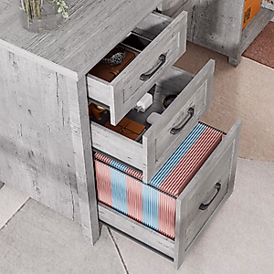 Farmhouse 61'' Executive Desk with 5 Drawers, Rustic Office Desk Computer Desk with Charging Station, File Drawers and Storage Cabinet, Wood Workstation for Home Office and Study, Gray