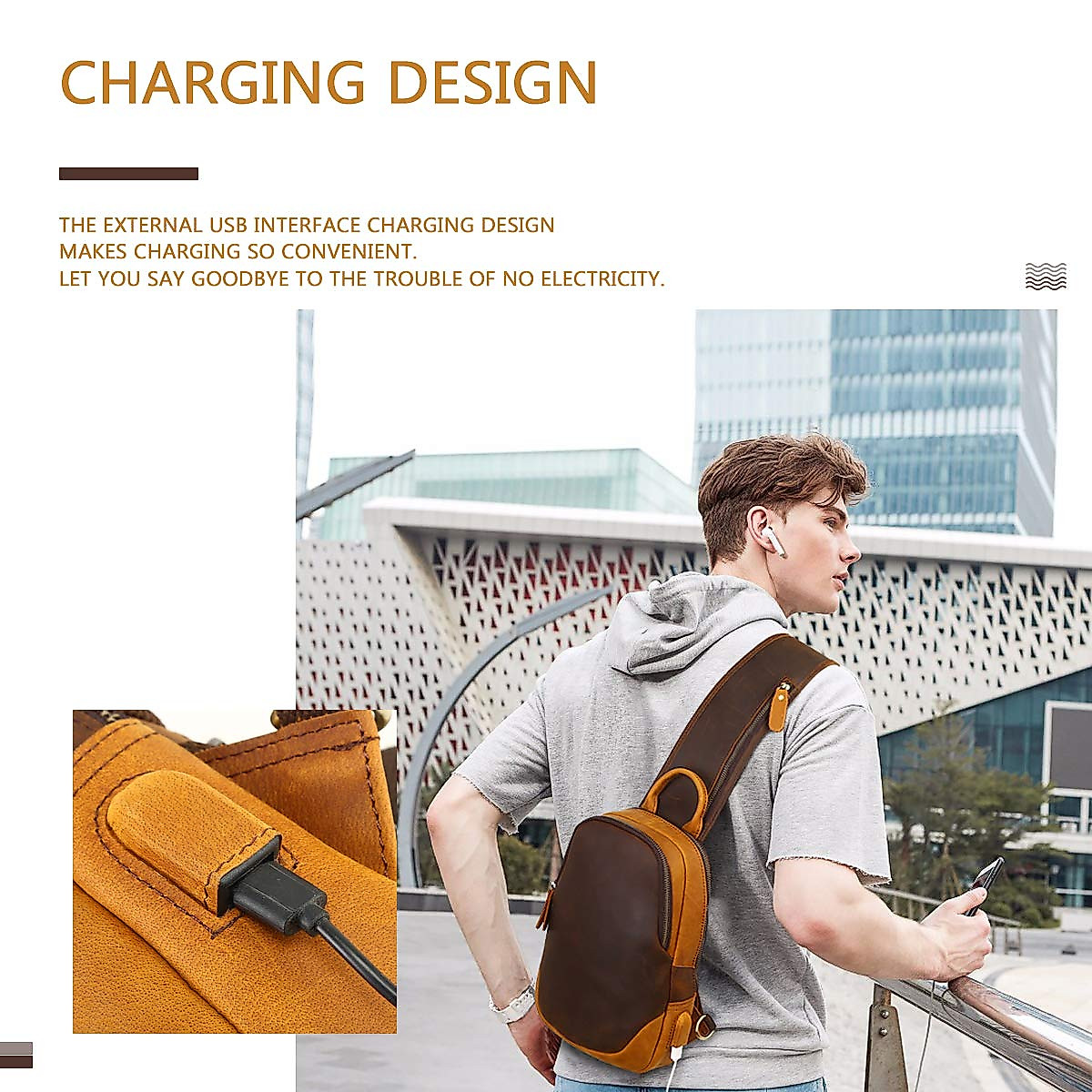 Leathario Men's Leather Sling Bag Vintage Genuine Leather Chest Bag Large Shoulder Crossbody Bag For Works Casual Travel