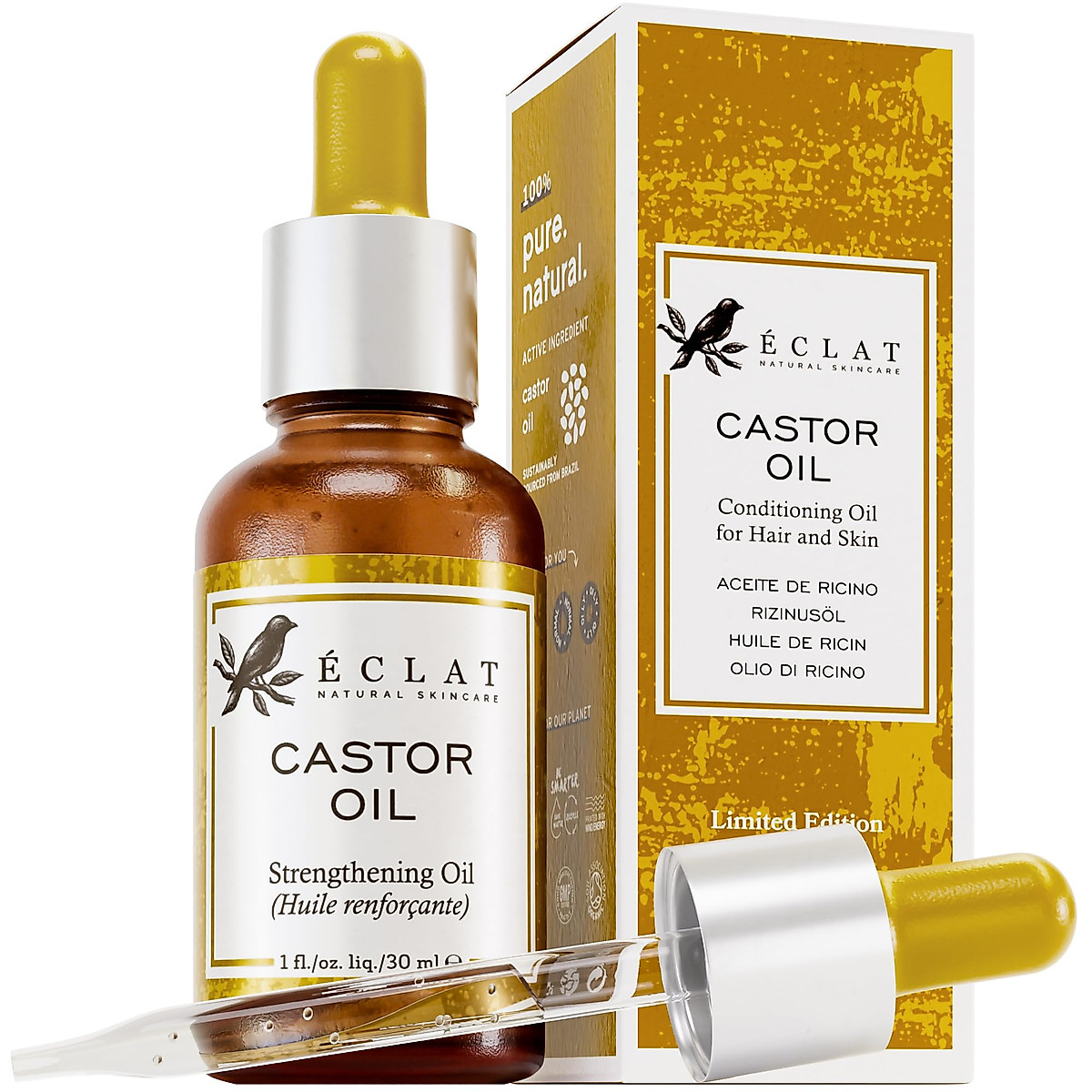Eclat Skincare Castor Oil Organic Cold Pressed for Hair Growth & Strength, Helps in Thickening Eyelashes and Eyebrows Volume, Hydrates Skin - 1 fl oz + Applicator