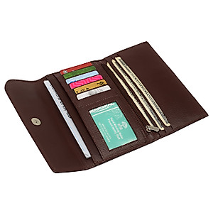 MARSHAL Women's Genuine Leather RFID Trifold Checkbook Slim Wallet for Ladies (Brown)