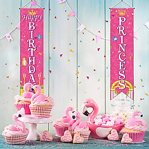 Sumind Princess Birthday Decorations Royal Check Flag Event Banner Princess Backdrop Porch Sign Welcome for Girl Birthday Theme Party Mardi Gras Parade Decoration Pink