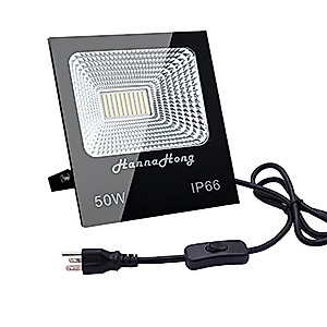 HANNAHONG 50W LED Flood Light Plug in with Switch,6000LM Cool White,Bright Security/Work/Plant Grow Outdoor Light,IP66 Waterproof,Reflector Exteriore Spotlight for Porch, Garage,Patio,Yard,Garden