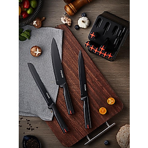 FOHERE Knife Set with Block 13 Pieces Stainless Steel Knife Sets for Kitchen with Built-in Sharpener Sharp Kitchen Knife Block Set with Granite Pattern, Anti-slip Handle Rust Resistant, Black