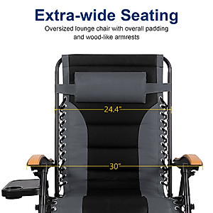 PHI VILLA XL Oversize Zero Gravity Chair Padded Recliner Oversize Lounge Chair with Free Cup Holder,Support 350 LBS (Grey)