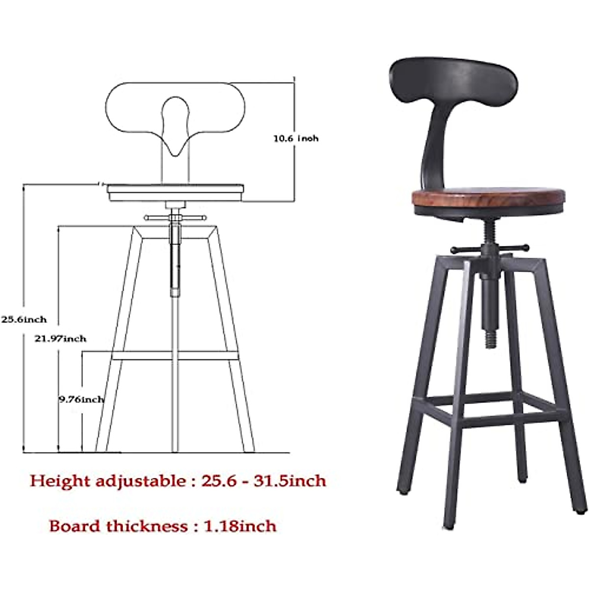 Diwhy 5 Piece Bar Table and Barstool Set Industrial Rectangular Pipe Dining Pub Bar Table and Kitchen Counter Height Adjustable Stool with Iron Backrest Black(1 Table + 4 Chairs)