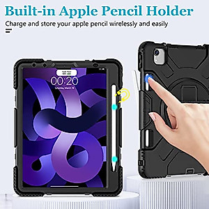 Case for iPad Air 5th/4th Generation: Military Grade Protective Cover iPad Pro 11 Inch Case & iPad Air 5/4 Case 10.9 Inch (2022/2020) W/Pencil Holder- Stand- Handle- Shoulder Strap- Black