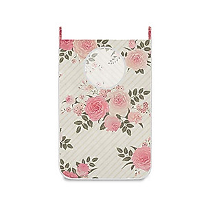 Hanging Laundry Bag Pink Flowers Door Hanging Laundry Hamper with Stainless Steel Hooks Wall Laundry Nook with Adhesive Hooks 1 PC