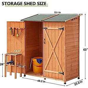 MELLCOM 63“ Wood Storage Shed, Outdoor Garden Shed with Wood Stool and Double Lockable Doors, Weather Resistant Tool Shed Organizer for Patio, Garden, Backyard, Lawn