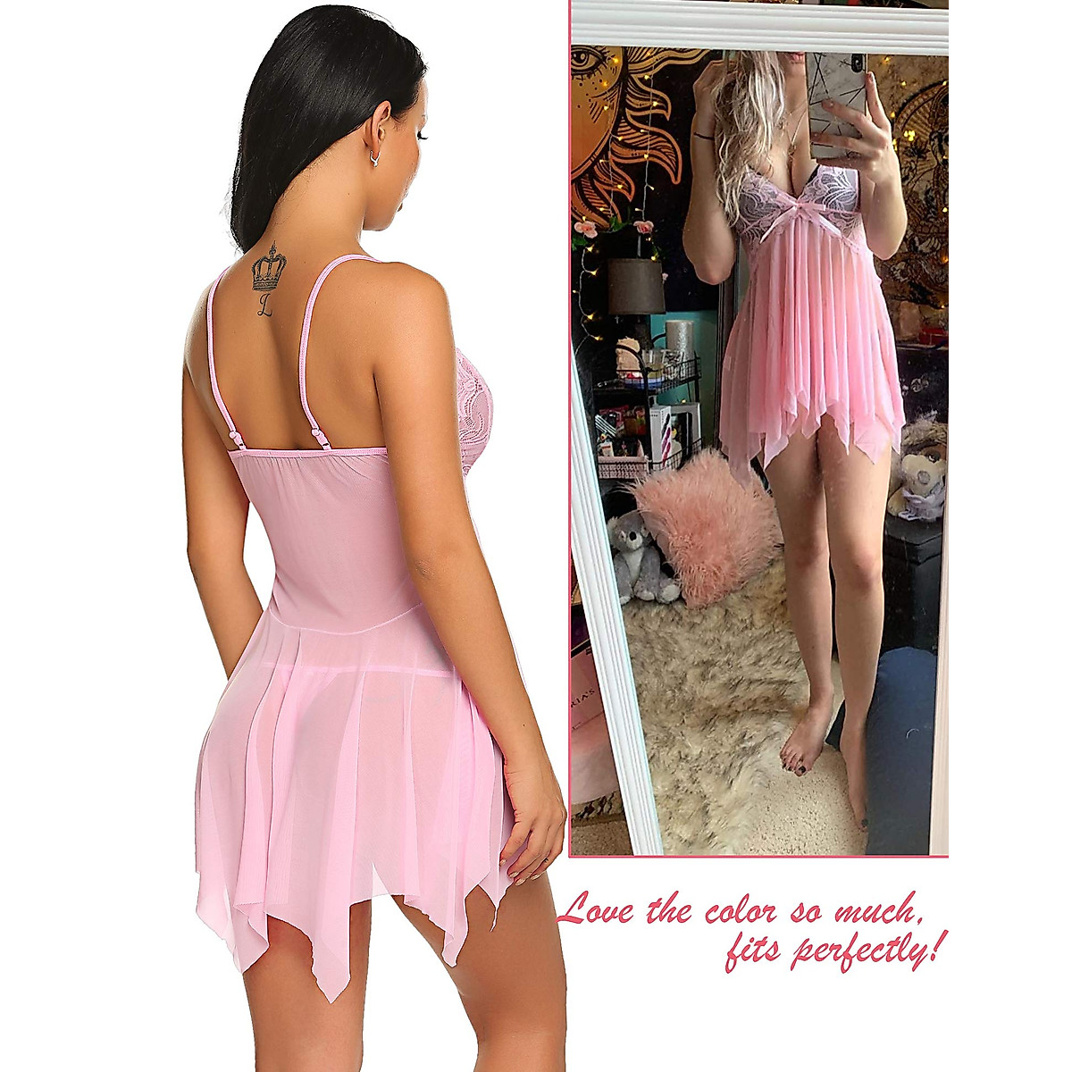 Avidlove Women's Lingerie Lace Babydoll V Neck Chemise Full Slip Wedding Nightdress Open Front Lingerie Pink